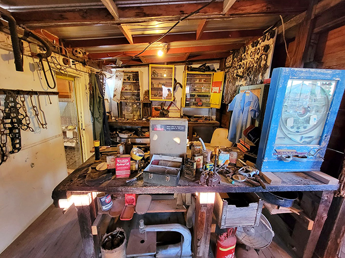 The workbench tells no lies about frontier life &ndash; practical, weathered, and built to last. Tools arranged just as the craftsman left them.