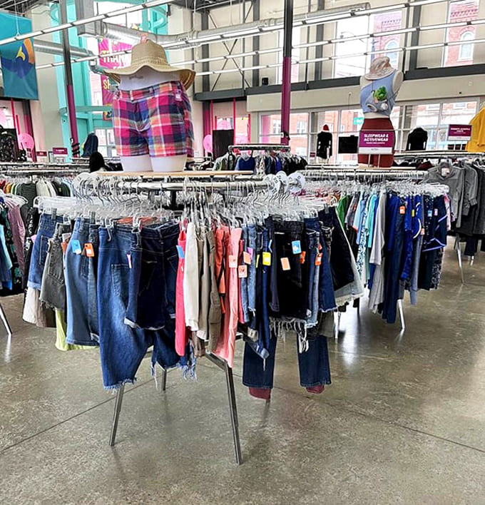 Denim paradise! Every style, wash and size imaginable hangs in circular formation &ndash; the thrill of the hunt begins.