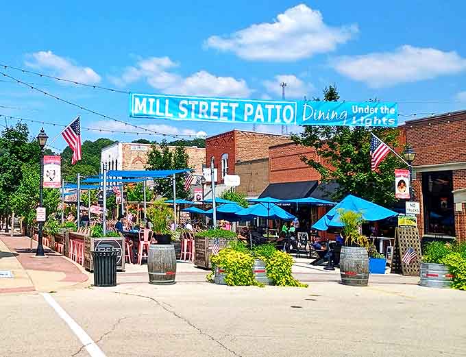Mill Street Patio brings outdoor dining to life with string lights and good vibes under the Illinois sky.