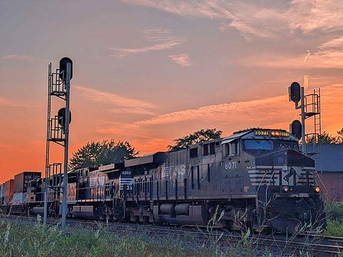 A Norfolk Southern locomotive leads a mixed freight consist through the junction, its horn announcing its majestic arrival.
