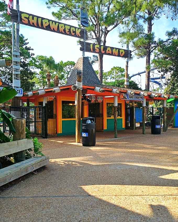 The gateway to aquatic adventure! Shipwreck Island's entrance promises a day of water-soaked thrills behind its weathered nautical facade.