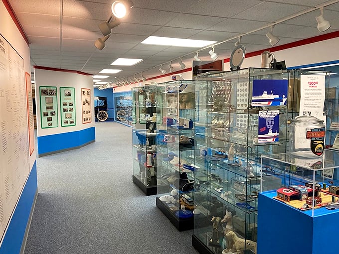 Glass display cases house treasures from transportation history &ndash; badges, tickets, and mementos from America's highways and byways.