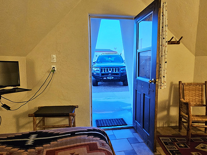 Morning light streams through teepee doorways, revealing the simple charm that awaits road-trippers seeking authentic Americana experiences.