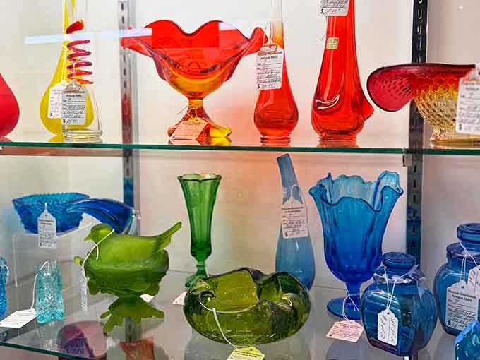 Colorful vintage glass catching the light like a rainbow decided to become dishware, each piece more stunning than the last.