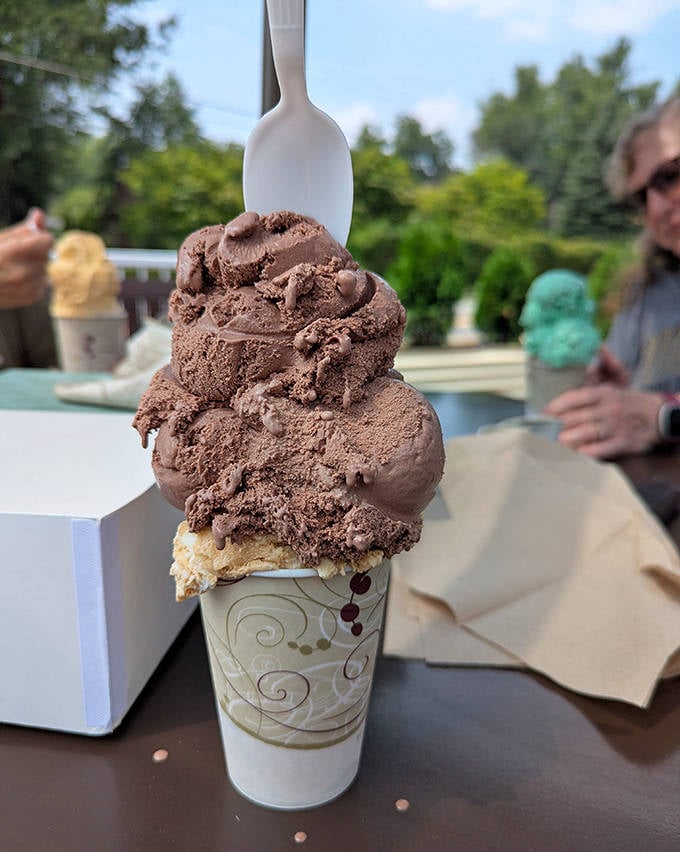 A mountain of chocolate decadence that requires strategy, determination, and possibly backup reinforcements to conquer completely.