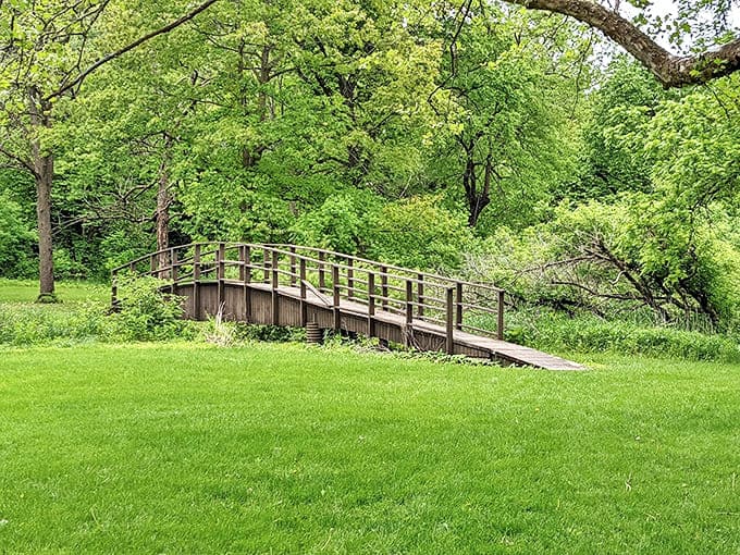 This charming wooden footbridge invites wanderers to cross over to adventure, like something straight from a storybook illustration.