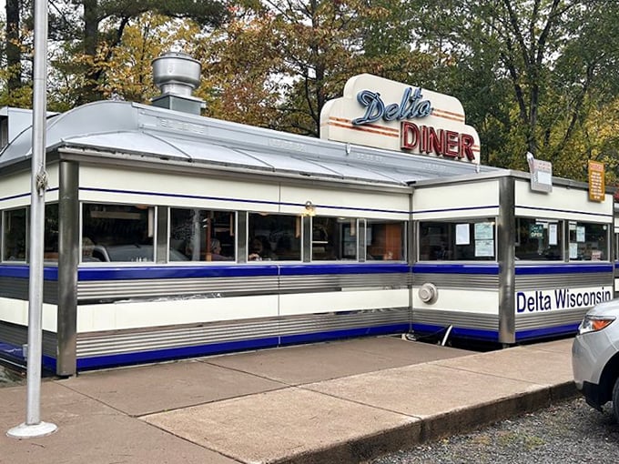 The classic silver railcar design of Delta Diner gleams like a mirage in the Wisconsin Northwoods, promising retro charm and exceptional food.