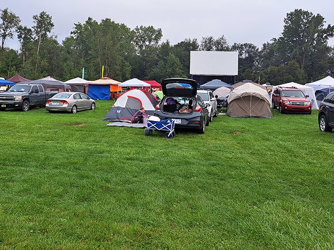 Tents and camping chairs create a festival atmosphere at Hi Way Drive Inn, where some dedicated fans make a full weekend of movie nights.