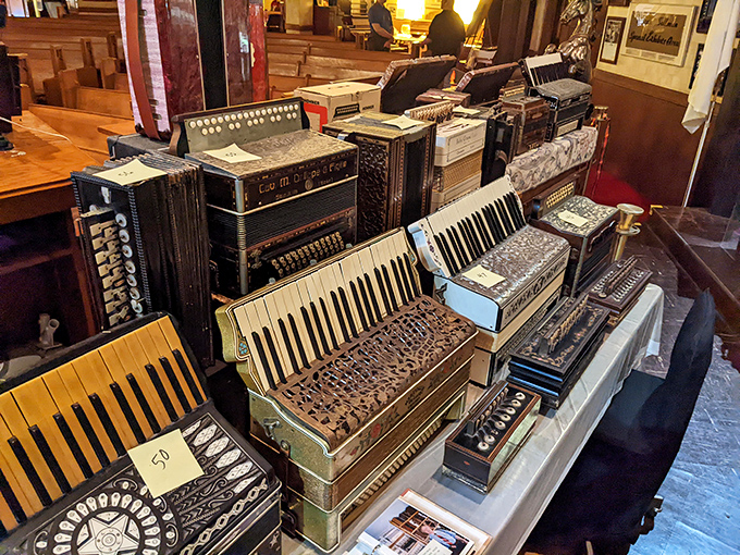 Accordion heaven awaits music lovers in Superior, where hundreds of squeezeboxes create a visual symphony of buttons and bellows.
