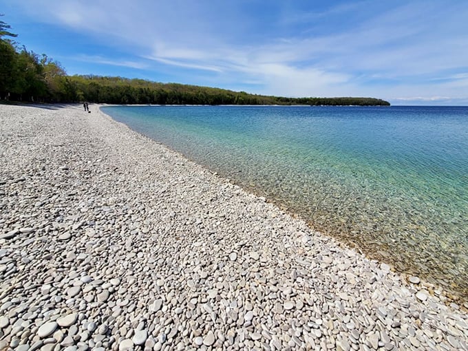 The smooth, polished stones at Schoolhouse Beach Park create a natural mosaic that's been thousands of years in the making.