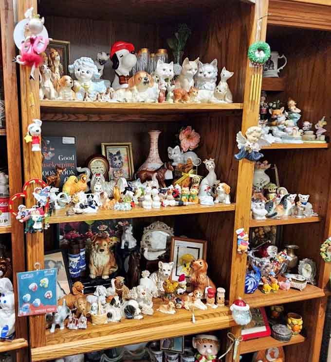 A menagerie of ceramic and porcelain figurines that somebody's grandmother definitely collected with serious dedication and love.