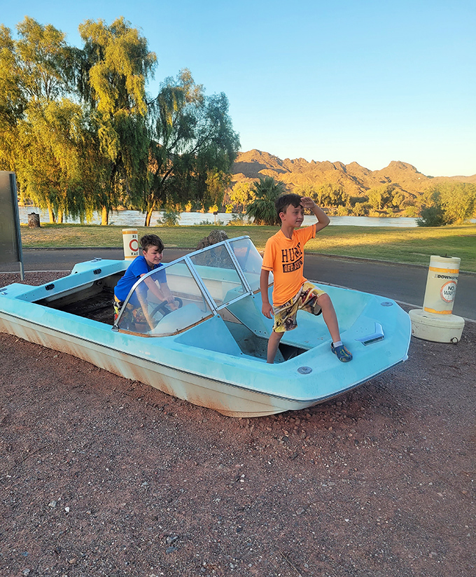 Childhood imagination sets sail in this landlocked boat, proving the best adventures sometimes happen without ever leaving shore.