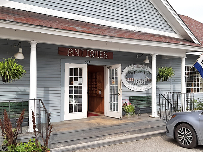 This antique shop entrance invites visitors to step back in time, promising discoveries that connect present-day treasure hunters with Vermont's rich past.