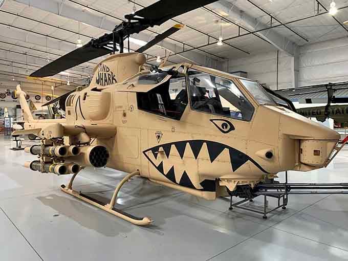 The Huey helicopter sports its menacing shark teeth, reminding visitors of its fearsome reputation in Vietnam's jungles and skies.
