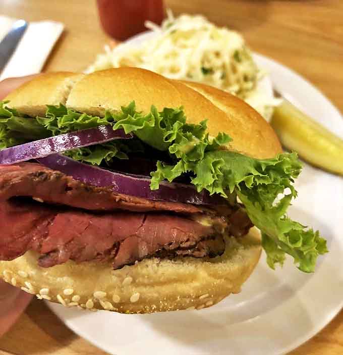 The Attazoy sandwich &ndash; where beef and bread have their most meaningful relationship, complemented by crisp lettuce and purple onion.