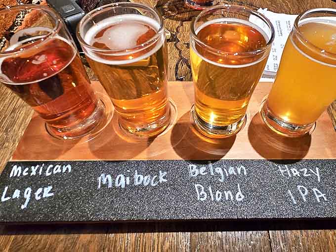Decision paralysis? These flight boards let you sample your way through Mexican Lager, Maibock, Belgian Blond and Hazy IPA before committing to a favorite.