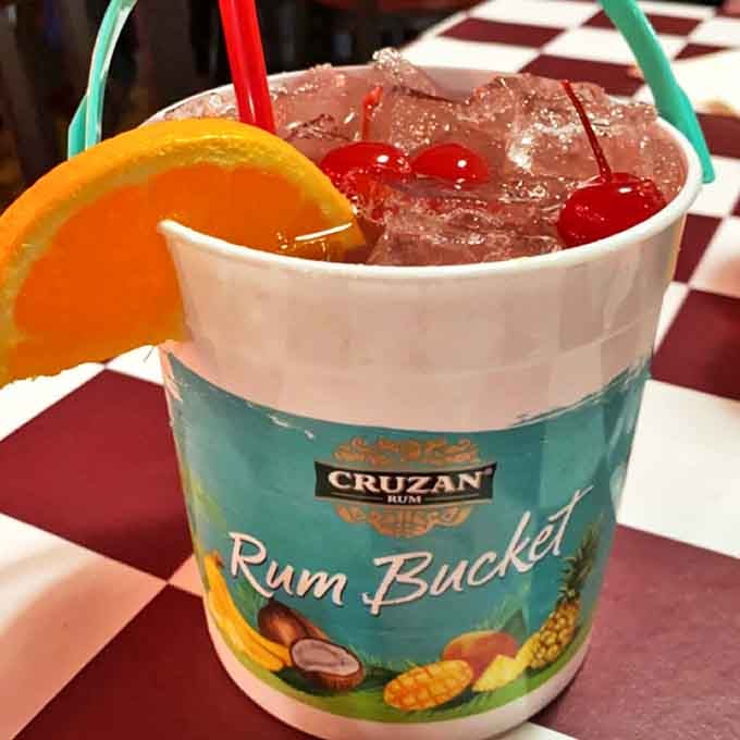 The Rum Bucket brings tropical vacation vibes to the Midwest, complete with enough fruit to count as healthy.