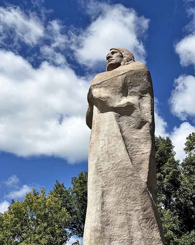 The profile view reveals the dignified posture and stoic expression that sculptor Lorado Taft captured in this monumental work.