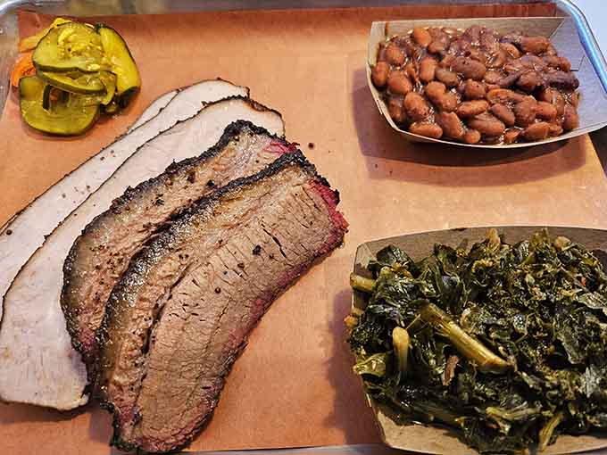 When your brisket comes with beans, greens, and pickles, you're looking at a plate that understands balance, flavor, and pure satisfaction.