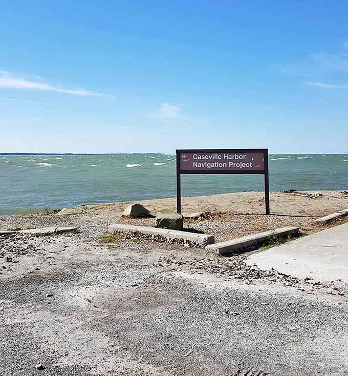 Caseville Harbor's tranquil waters reflect clouds drifting overhead, creating mirror images that double the day's beauty.
