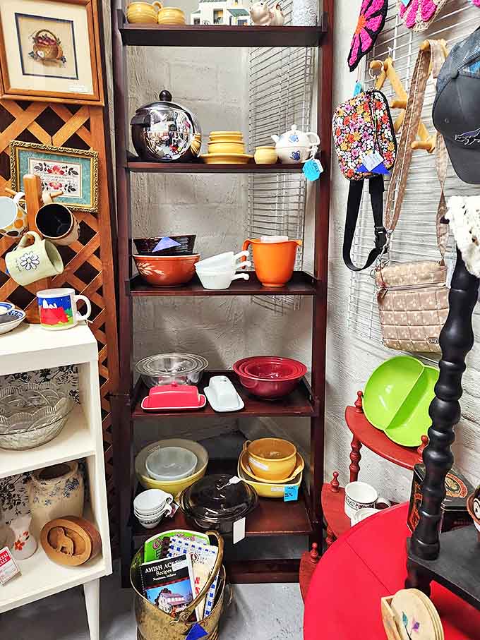 Colorful vintage dishware stacked with care&mdash;each piece has survived decades of family dinners to bring its charm to your modern table.