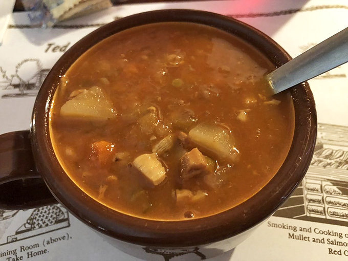 The Manhattan clam chowder offers hearty comfort in a bowl &ndash; chunky vegetables and tender clams swimming in a flavorful tomato broth.