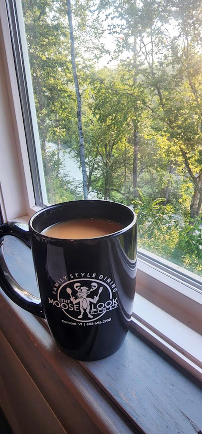 Steam rises from this robust brew in a Mooselook mug &ndash; morning motivation with Vermont's green canopy as backdrop.