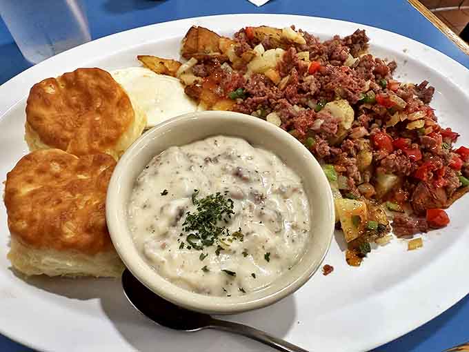The house-made corned beef hash pairs perfectly with fluffy biscuits and creamy gravy – a breakfast combination that fuels Upper Peninsula adventures.