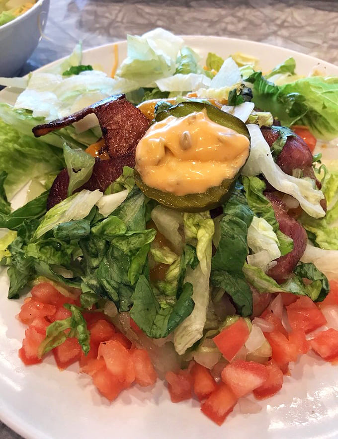 This salad comes loaded with fresh vegetables, crispy bacon, and enough toppings to make eating your greens feel like a reward.