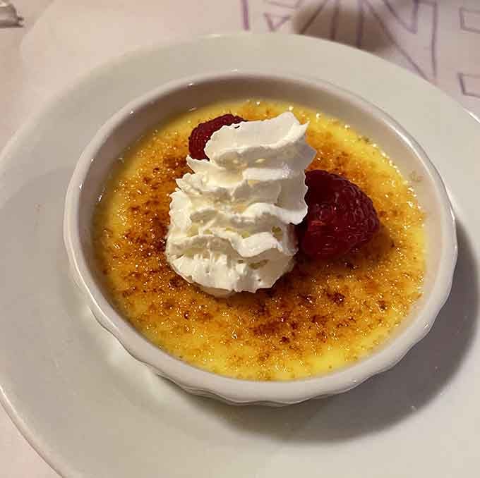 Creme brulee at a pizzeria might seem unexpected, but that caramelized sugar crack is pure satisfaction.