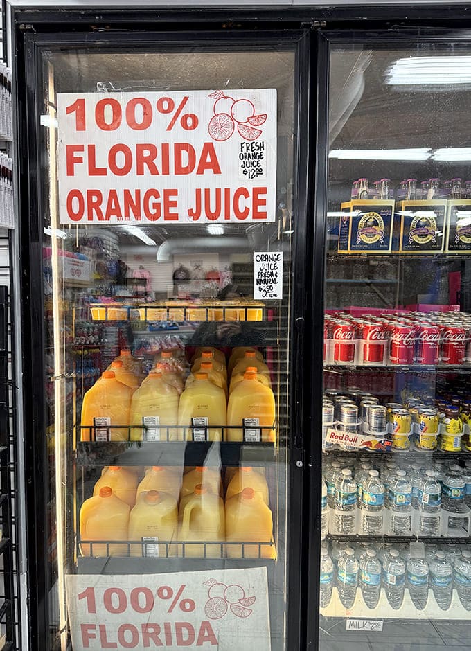 The refrigerator case proudly displays bottles of liquid sunshine – 100% Florida orange juice that makes the store-bought stuff taste like sad memories.