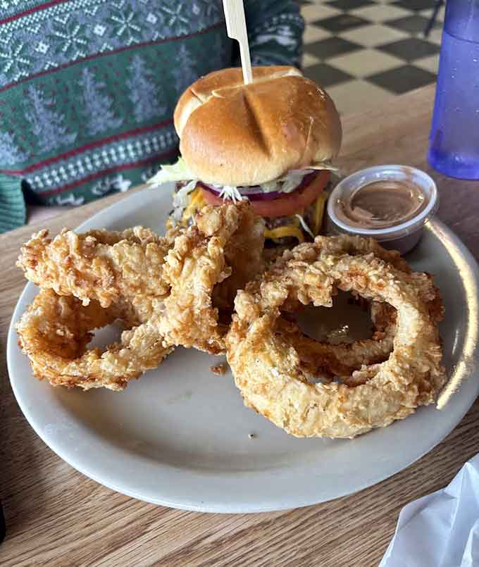 That burger and those onion rings are proof that lunch at a breakfast place is never a mistake.