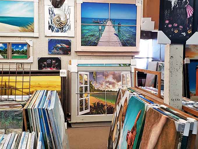 Coastal artwork paradise where every painting whispers "vacation vibes" even if your actual view is a parking lot.