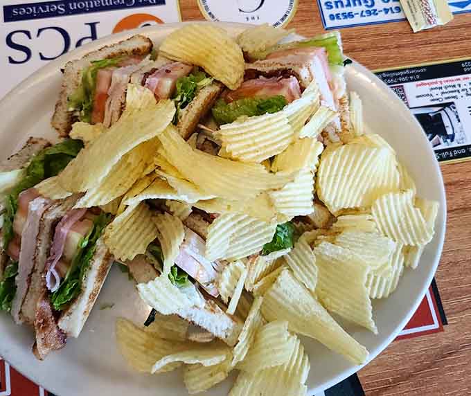 The club sandwich stacks turkey, ham, and bacon into a multilayered masterpiece that requires both hands and serious commitment.