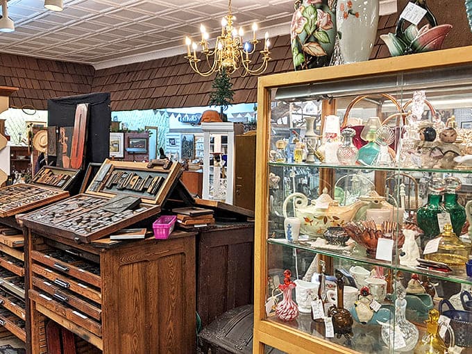 Beneath a vintage chandelier, this cabinet displays treasures from another era – each glass piece catching light the same way it did generations ago.