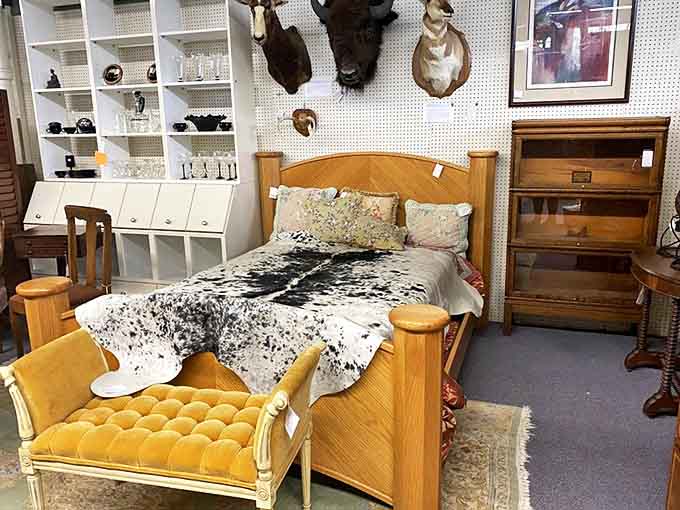 Bedroom furniture that's witnessed decades of dreams now waits for new nighttime stories, complete with that cowhide touch of whimsy.