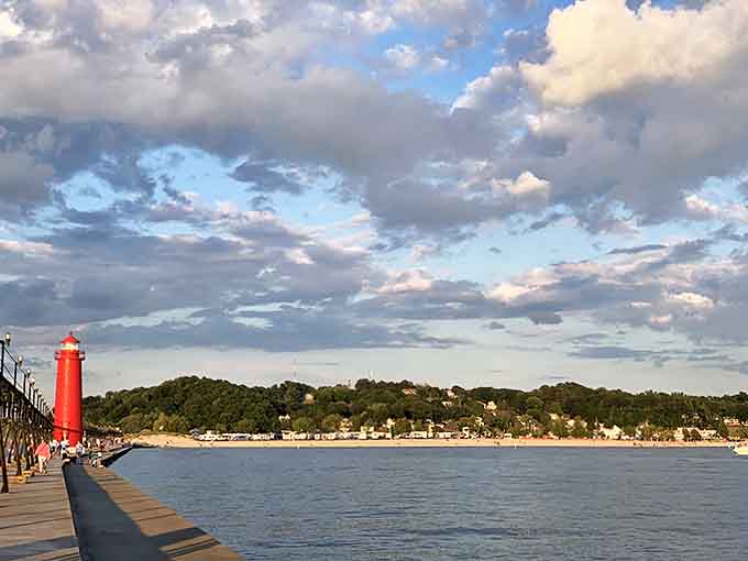 Looking back toward shore from the lighthouse reveals Grand Haven's picturesque coastline, a perfect Michigan panorama.