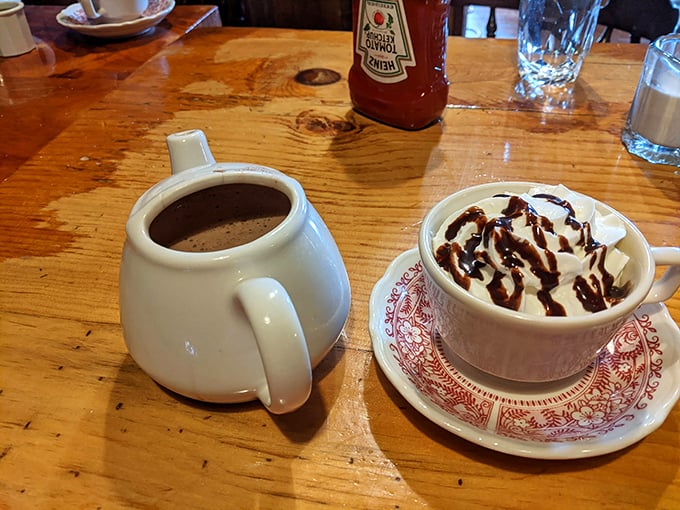 Hot chocolate elevated to an art form, with whipped cream mountains and chocolate drizzle creating a warm hug in a cup.