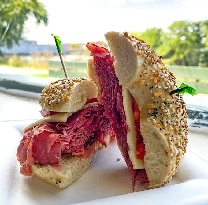 Pastrami piled generously on a fresh bagel creates a lunch so satisfying, you'll forget what sad desk salads even taste like.