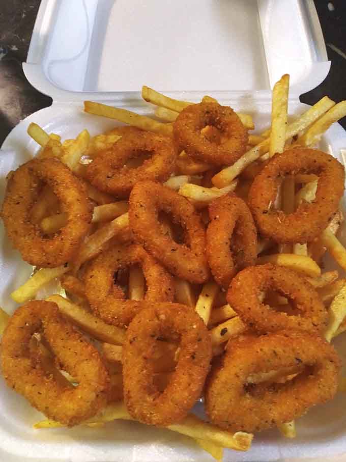 Crispy calamari rings piled high enough to make you forget that squid can be rubbery in lesser hands.