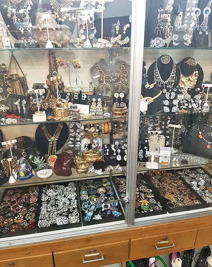 Costume jewelry that once adorned women at cocktail parties and special occasions now waits for new owners to create fresh memories.