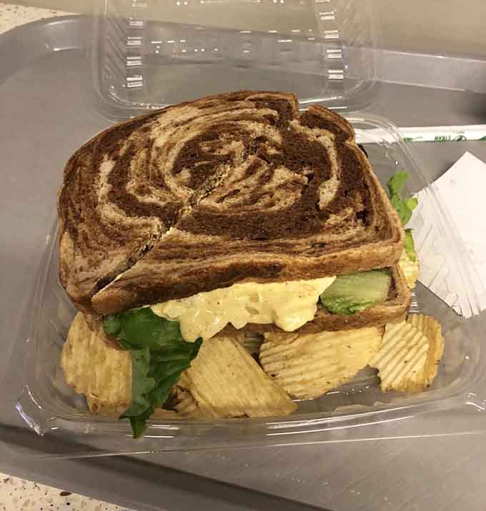 Marble rye swirls make this egg salad sandwich almost too pretty to eat, but you'll manage somehow.
