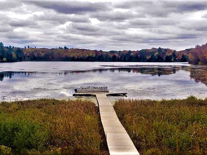 Lake: A wooden dock stretches toward tranquility on this misty morning lake, inviting contemplation and perhaps a good book.