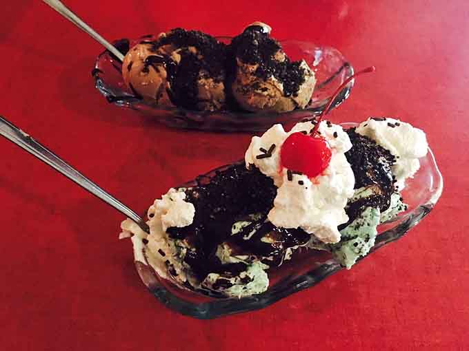 The Grasshopper and Mud Pie sundaes sit side by side like old friends, each offering its own path to ice cream bliss with chocolate and mint leading the way.