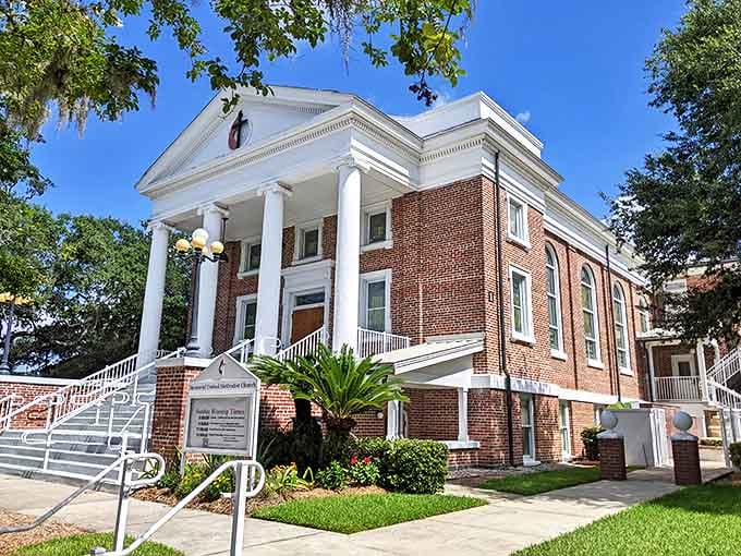Memorial United Methodist Church stands with its white columns and red brick like a Southern belle who's aged gracefully and still turns heads.
