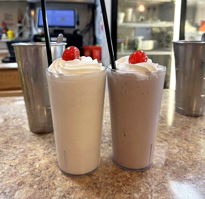 Hand-spun milkshakes topped with whipped cream and a cherry &ndash; thick enough to require a spoon and worth every delicious calorie.