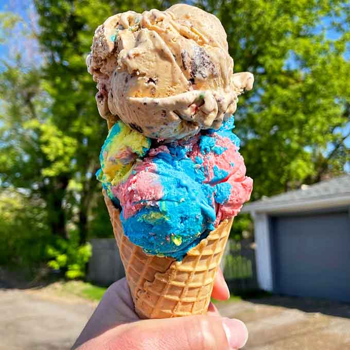 Superman ice cream brings its tri-colored glory to the cone, looking like a superhero and tasting like pure nostalgic joy.
