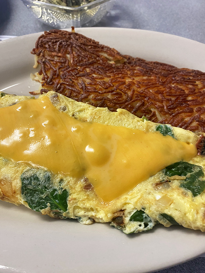 An omelet that defies gravity with its fluffiness, adorned with melty cheese and paired with hash browns from heaven.