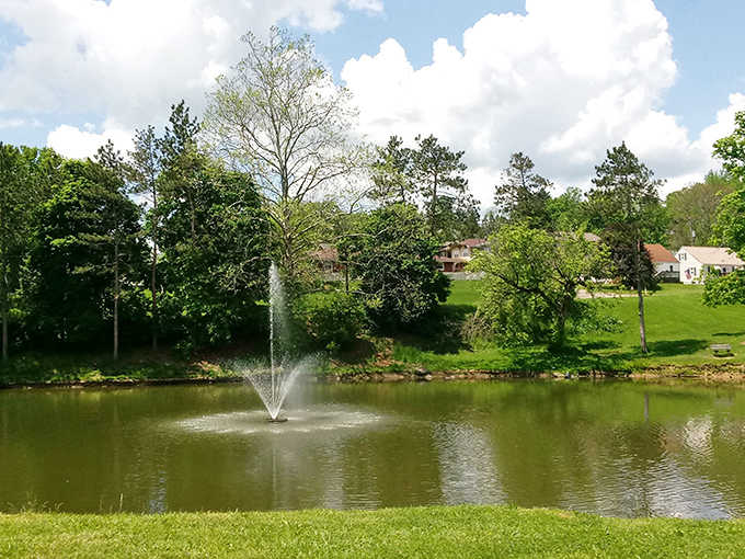 A serene fountain creates a tranquil centerpiece in one of Cambridge's beautiful parks, where nature and community come together.