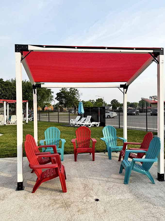 These colorful Adirondack chairs invite parents to actually relax while keeping an eye on swimming kiddos &ndash; the unicorn of family outings!